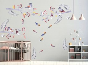 Moderní nálepka na zeď s efektem vodových barev ptáčky a jeřabina 100 x 200 cm