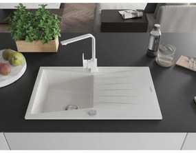 Mexen Cesar, granitový dřez 775x470x190 mm, 1-komorový, bílá s chromovým sifonem a bílá dřezová baterie Rita, 6514-20-670300-20