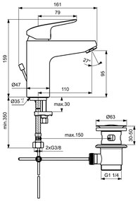 IDEAL STANDARD CeraFlex- umyvadlová baterie stojánková, Grande, 95mm, s odt. garniturou (5l / min) B1713AA