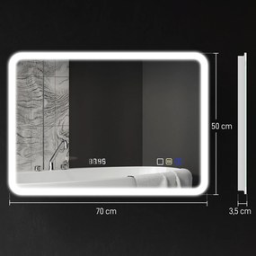 HOMCOM koupelnové zrcadlo s LED světlem 70x50 cm s Bluetooth, 3 barvy světla, digitální hodiny, funkce proti zamlžení, paměťová funkce