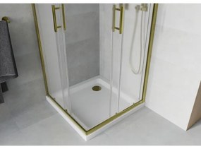 Mexen Rio, čtvercový sprchový kout s posuvnými dveřmi 80 (dveře) x 80 (dveře) x 190 cm, 5mm sklo námraza, zlatý profil + bílá sprchová vanička SLIM, 860-080-080-50-30-4010G