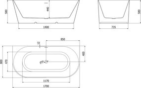 Mexen Oval Slim, volně stojící vana ke stěně 170 x 80 cm, bílá lesklá, růžové zlato přepad, 52661708000-60