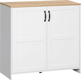 HOMCOM Kuchyňský Úložný Skříňový Kredenc s 2 Dveřmi a 2 Nastavitelnými Policemi - Bílý a Dřevo Vzhled - 90 x 39,5 x 88 cm