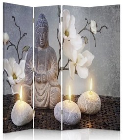Ozdobný paraván Buddha šedé květiny kámen - 145x170 cm, čtyřdílný, obustranný paraván 360°