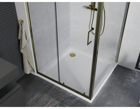 Mexen Apia rozsouvací sprchový kout 90 x 90 cm, Průhledné, Zlatá + sprchová vanička Flat, Bílá- 840-090-090-50-00-4010G