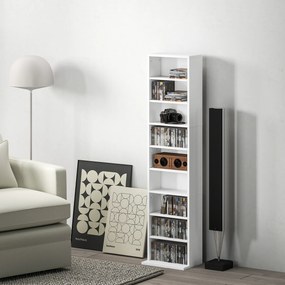 HOMCOM CD a DVD regál s 9 přihrádkami, úzký s nastavitelými policemi pro obývací pokoj a kancelář 33x24x140 cm Bílý