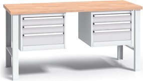 Pracovní stůl do dílny G3 se 2 závěsnými boxy na nářadí, buková spárovka, 6 zásuvek, pevné kovové nohy, 1700 mm, šedá