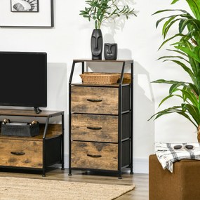 HOMCOM Úložný kabinet s textilními šuplíky, 3 šuplíky, policový skříňkový kabinet se železným rámem pro ložnici a obývací pokoj, rustikální hnědá