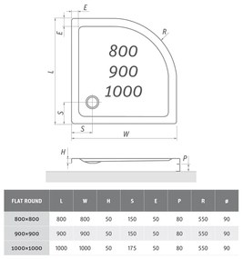 Čtvrtkruhová akrylátová sprchová vanička FLAT ROUND 50 mm S 1000 × 1000 R550 FLAT ROUND/1000 8000117