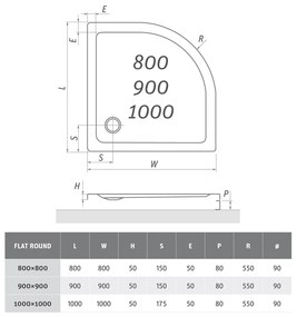 Čtvrtkruhová akrylátová sprchová vanička FLAT ROUND 50 mm S 800 × 800 R550 FLAT ROUND/800 8000115