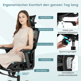 Costway Síťovaná kancelářská židle s otočnou a rolovací opěrkou nohou s vysokým