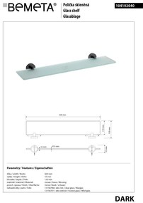 Bemeta Design DARK: Polička, 600 mm, sklo -