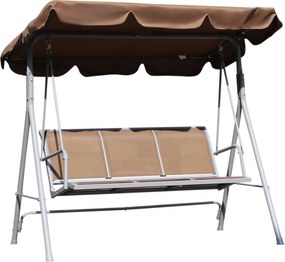 Závěsné křeslo Outsunny pro 3 osoby s nastavitelnou stříškou, prodyšné opěradlo a kovový rám na terasu, balkon, nosnost 240 kg, 171x108x154 cm, hnědé
