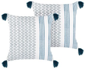Sada 2 bavlněných polštářů geometrický vzor se střapci 45 x 45 cm bílé/ modré TILIA Beliani