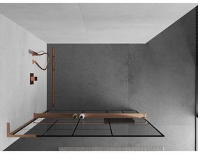 Mexen Kioto+ L, sprchová zástěna Walk-In s poličkou a věšákem 70 x 200 cm, 8mm čiré sklo černý vzor, ​​měděný matný profil, 800-070-123-65-78