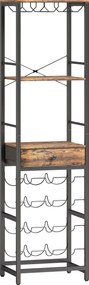 HOMCOM stojan na víno pro 12 lahví s otevřenou policí a zásuvkou, industriální kovový regál do kuchyně, obýváku i baru — 40 x 30 x 148 cm, rustikální…