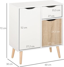 HOMCOM Úložný bufet ve skandinávském stylu, 2 skříňky, posuvný šuplík, bílý dub