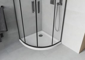 Mexen Rio, čtvrtkruhový sprchový kout 90(dveře)x90(dveře)x190 cm, 5mm sklo námraza, černý profil + bílá sprchová vanička SLIM, 863-090-090-70-30-4110B