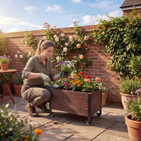 Dřevěný vyvýšený záhon, záhon s kolečky, mobilní studený rám zahradní záhon květinový box 60 x 30 x 41 cm pro zahradní balkon