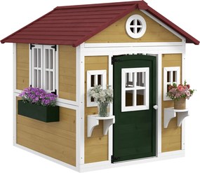 Dětská zahradní chalupa Outsunny, venkovní dům pro děti, s dveřmi, okny a truhlíky, pro děti ve věku 3-8 let, 114 x 126,4 x 135 cm, béžová