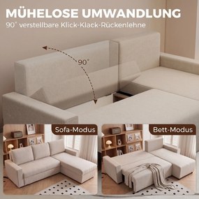 HOMCOM rozkládací rohová pohovka L, 3místná s otočnou chaise – béžový umělý semiš
