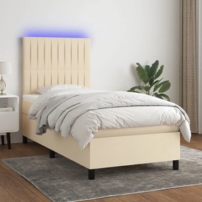 Box spring postel s matrací a LED krémová 90x190 cm textil