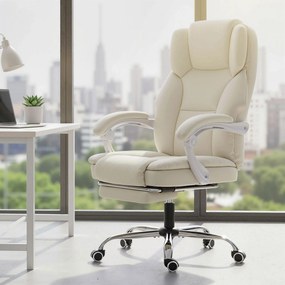 HOMCOM ergonomická kancelářská židle — sklopné opěradlo, nastavitelná výška, podnožka, 360° otočná, taštičkové pružiny, ekokůže, béžová