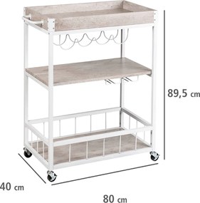 Kuchyňský vozík RUSTICO, třístupňový stojan na kolečkách s držáky na lahve a brýle - 80 x 89,5 x 40 cm, WENKO