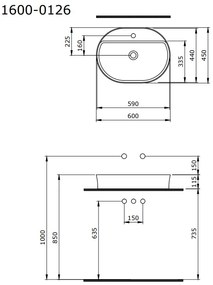 BOCCHI Sottile Slim Line - Umyvadlo na desku 600x450 mm, s otvorem na baterii, bez přepadu, bílá lesklá