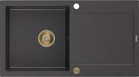 Mexen Leo, dřez granitový 900x500x190 mm, 1-komorový, černá skvrnitá se zlatým sifonem, 6501901010-76-G