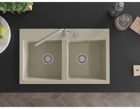 Mexen Hektor, 2-komorový granitový dřez 800x480x205 mm, béžová, chromový sifon, 6521802000-69