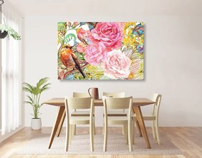 Obraz vintage ptáček s květinami - 90x60 cm