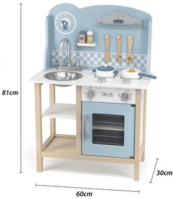 Interaktivní dřevěná dětská  kuchyňská linka s příslušenstvím stříbrno-modrá