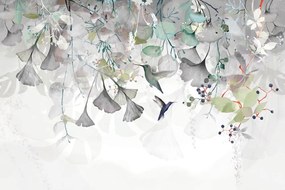 Samolepící tapeta listy s kolibříky v šedo-zeleném