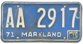 Americká SPZ Maryland 1971 Blue AA 2917 front