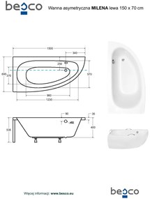 BESCO Asymetrická vana MILENA Nožičky k vaně - S nožičkami, Rozměr vany - 150 × 70 cm, Způsob provedení - Levé - VANMIL150L+OLVPINOZ