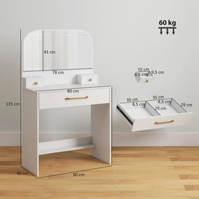 HOMCOM toaletní stolek s obloukovým zrcadlem, 3 zásuvky, bílý, 80 × 40 × 135 cm (31,5 × 15,7 × 53,1 palců)