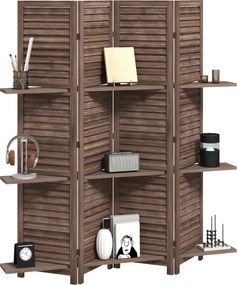 HOMCOM dřevěná vnitřní paravánka 4 panely 160 x 170 cm, skládací přepážka s 3 policemi, ořech