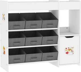 AIYAPLAY Dětská police na hračky s organizérem a 9 odnímatelnými koši pro dětský pokoj 92x30x80 cm Bílá