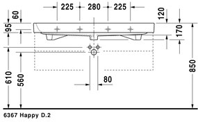 Duravit Happy D.2 - Umyvadlo do nábytku, 1 otvor pro armaturu propíchnutý, 1200 x 505 mm, bílé 2318120000