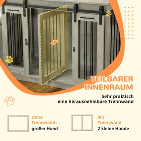 PawHut Psí Obojek s Možností Dvou Místností, Moderní Kovový Box pro Psy s 2 Dveřmi, Psí Dům pro Velké Psy do 30 kg, Psí Dům 120 x 60 x 88,5 cm Šedý