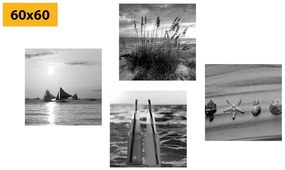 Set obrazů moře a pláž v černobílém provedení - 4x 60x60 cm
