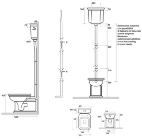Kerasan WALDORF WC mísa s nádržkou, spodní/zadní odpad, bílá-bronz - WCSET20-WALDORF