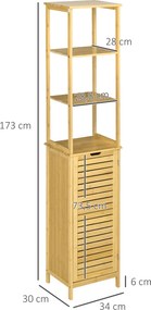 kleankin koupelnová skříňka bambus, 34 x 30 x 173 cm, se 3 otevřenými přihrádkami a 1 skříňkou, ochrana proti překlopení, otevírání na madlo, volně s…