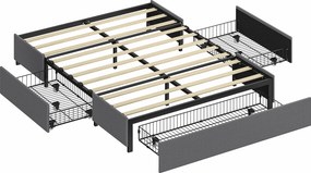 HOMCOM manželka postel 140x190 cm lamelový rošt se 3 zásuvkami a kovovým rámem, nosnost 363 kg, šedá