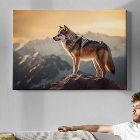 Obraz na plátně - Vlk na skále FeelHappy.cz Velikost obrazu: 150 x 100 cm