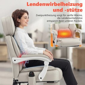 HOMCOM Kancelářská židle s vysokým opěradlem s vibrační masáží a vyhříváním, ergonomická, naklápěcí, s opěrkou nohou, krémově bílá