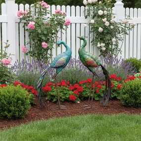 Zahradní kovová figurka Peafowl Duo, 78 cm, zelená/modrá