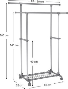 Oděvní stojan, dvojitá oděvní tyč rozšiřitelná od 87 do 150 cm