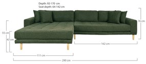 House Nordic Pohovka Lounge Sofa, levá strana, v olivově zelené barvě, se čtyřmi polštáři a nohami z černého dřeva, HN1020